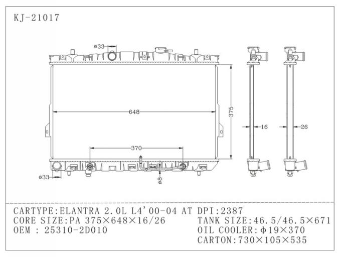 Auto 2000 - 2004 Hyundai Radiator for ELANTRA 2.0L L4'00 OEM 25310 - 2D010